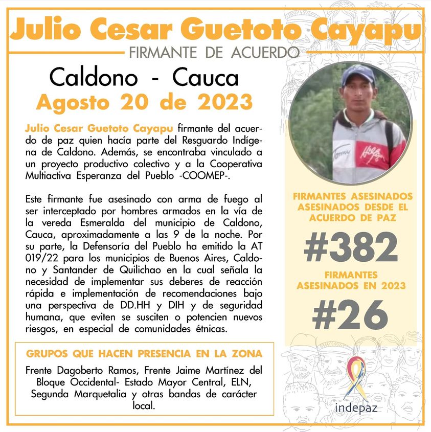 Asesinan a firmante del acuerdo de paz en Caldono - Radio 1040 AM